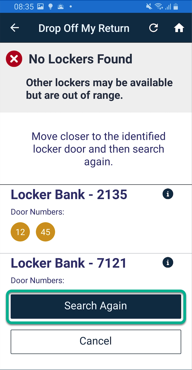 The App tells me 'No Lockers Found' when I try to Drop Off My Return